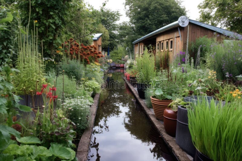 Rainwater Collection System in an Organic Garden Stock Photo - Image of ...