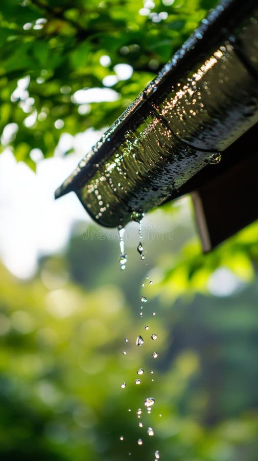 Rainwater Dripping from a Gutter with Blurred Green Background, Nature ...