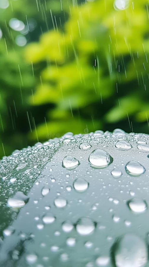 Rain Falling on Waterproof Surface with Green Foliage Background Stock ...