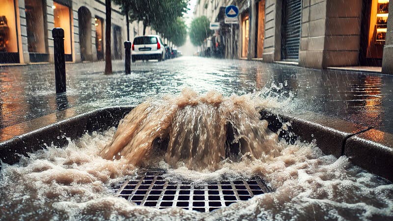 Rainwater Flowing Up Out of a Clogged Drain Cover, Causing a Flood in ...