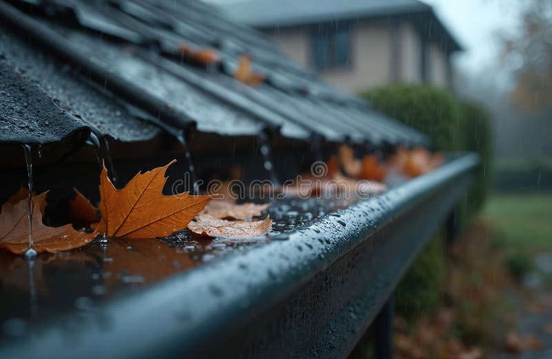 Rainwater Overflows Gutter Edge with Autumn Leaves during Heavy Rain ...
