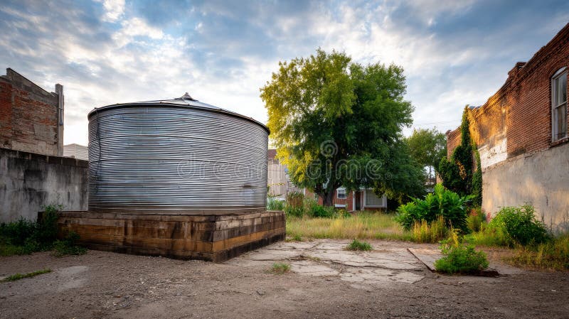 Rainwater Tank Standing Empty in a Cracked Yard. Water Crisis and Water ...