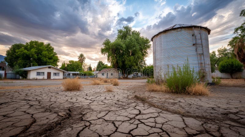 Rainwater Tank Standing Empty in a Cracked Yard. Water Crisis and Water ...