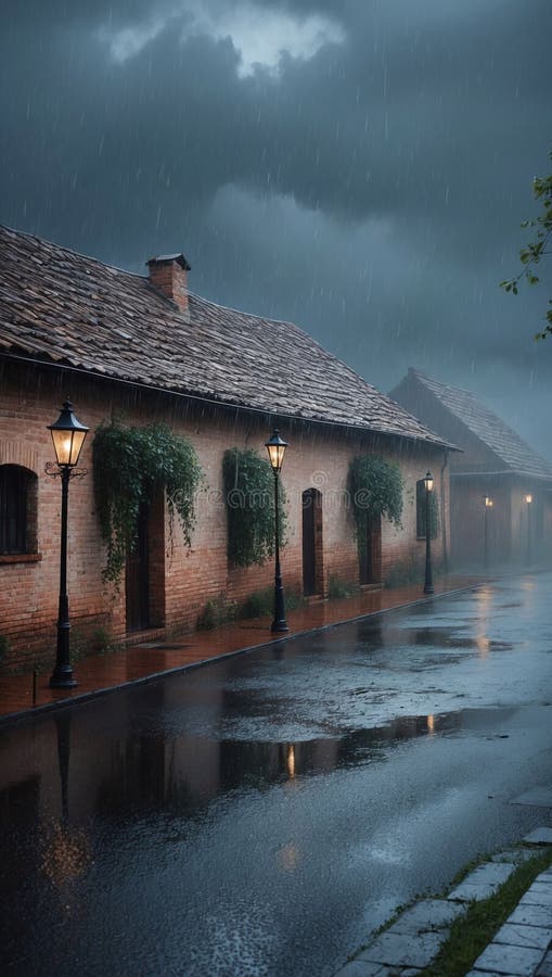 Rainy Afternoon in a Small Town with Wet Streets and Rustic Rooftops ...