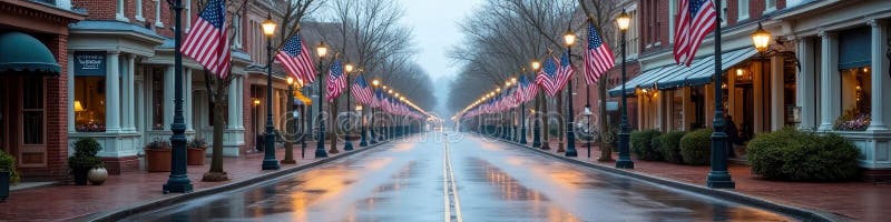 Rainy American Main Street with Patriotic Flags and Symmetrical Trees ...