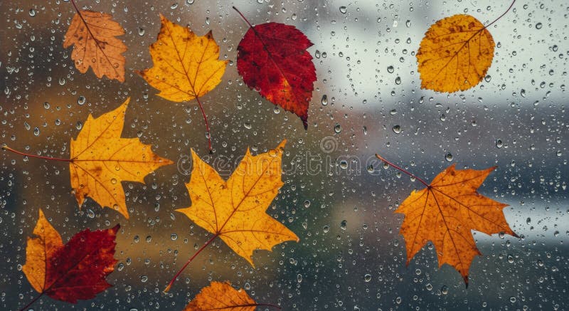 Rainy Autumn Day: Red and Yellow Leaves on a Wet Window Stock ...