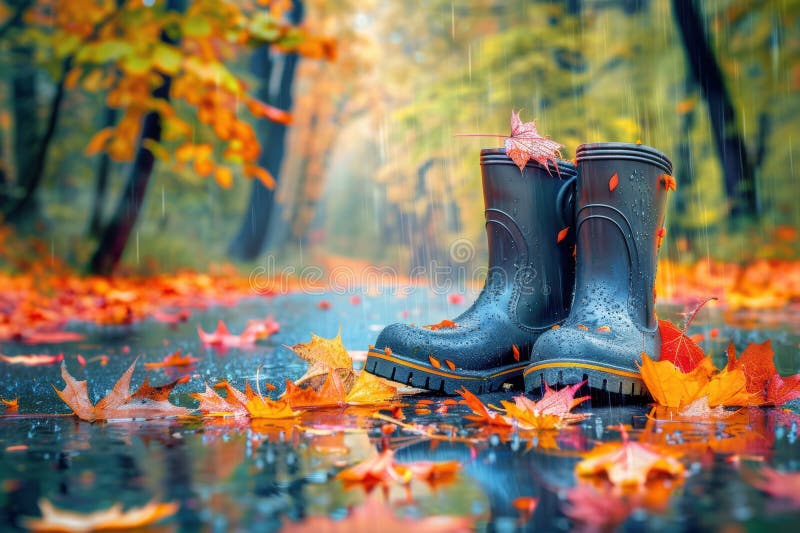 Rainy Autumn Day with Rubber Boots on a Forest Path Stock Image - Image ...