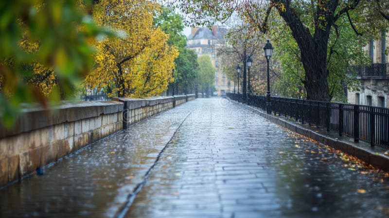 Rainy Autumn Day on a Tree-lined Cobblestone Path in a Tranquil Park ...