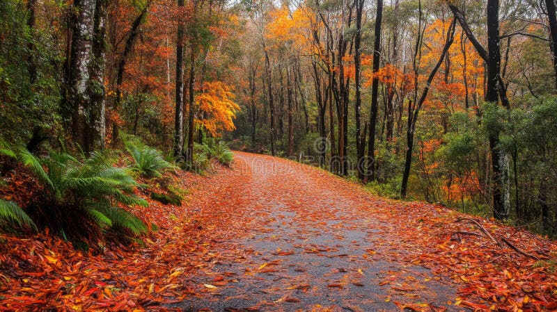 Rainy Autumn Forest Path with Colorful Leaves Stock Illustration ...