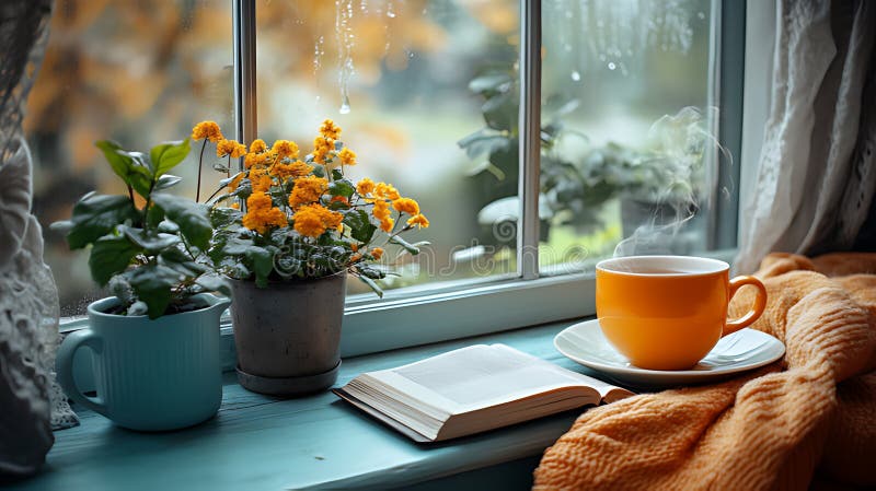 Rainy Autumn Windowsill, Tea, Book, Flowers, Cozy Stock Illustration ...
