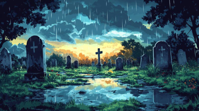 Rainy Cemetery Sunset: Pixel Art Landscape Stock Illustration ...
