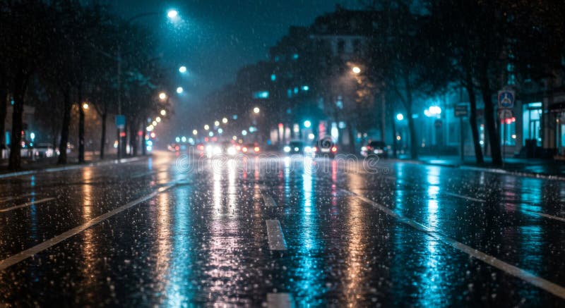 Rainy City Street at Night with Blue Lights Stock Illustration ...