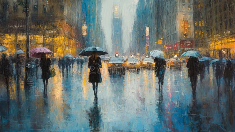 Rainy City Street at Night, Impressionistic Painting Stock Illustration ...