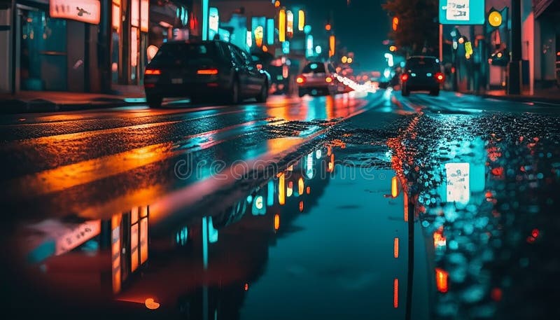 Rainy City Streets Blur with Vibrant Lights Generated by AI Stock ...