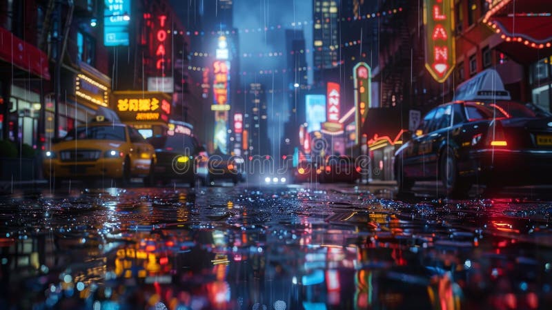 Rainy City Streets at Night with City Lights Reflections, Realistic ...