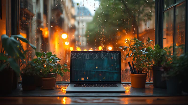 Rainy City Window Laptop Workspace Plants Stock Illustration ...