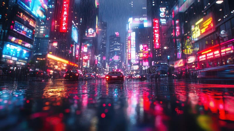 Rainy Cityscape at Night with Neon Lights Reflecting on Wet Pavement ...