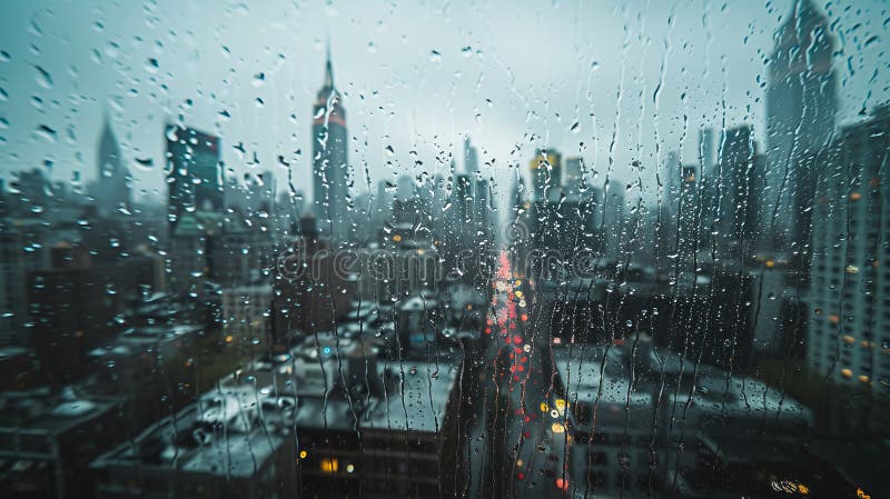 A Rainy Cityscape View from a Wet Window Gray Sky Dark Tone Stock ...