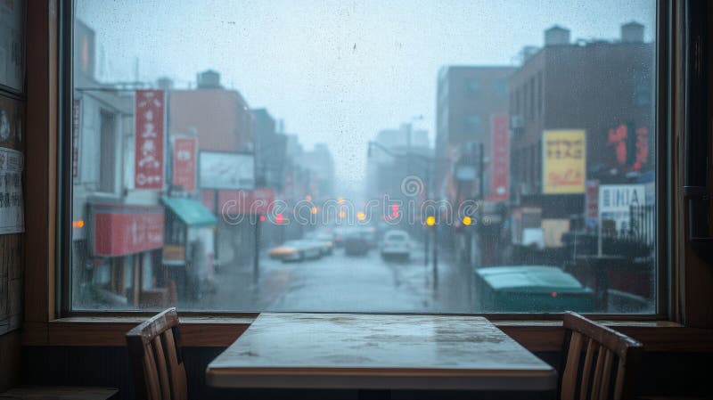 Rainy Cityscape Viewed through a Restaurant Window Stock Illustration ...