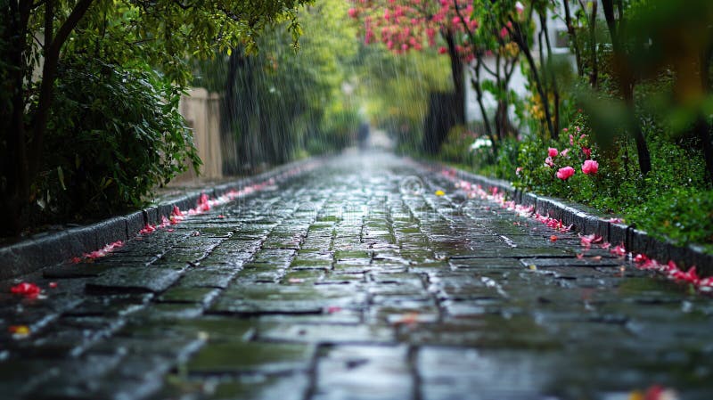 Rainy Cobblestone Lane, Petals, Garden, Tranquility, Spring Stock Image ...