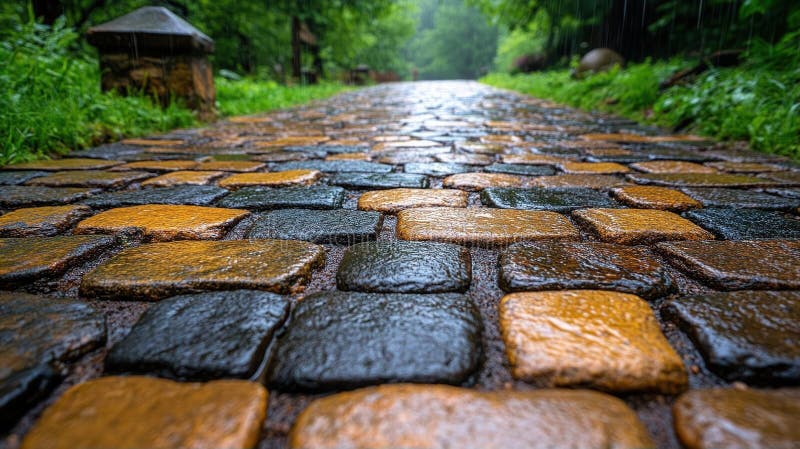 Rainy Cobblestone Pathway: a Serene Stroll through Nature Stock ...