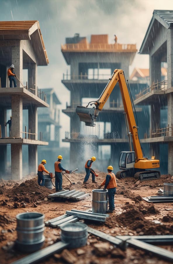 Tiny Construction Site Under Rainfall Tiny Workers and Heavy Machinery ...