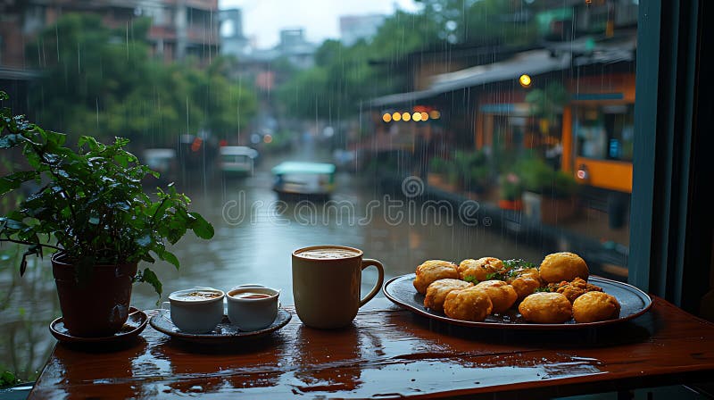 Rainy Day Cafe, Canal View, Tea, Snacks Stock Illustration ...
