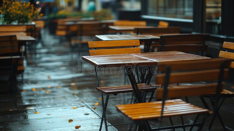 Rainy Day Cafe Scene: Wet Tables and Chairs Stock Illustration ...