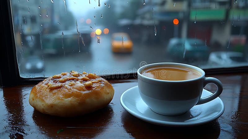 Rainy Day Cafe Tea, Pastry, City View Stock Illustration - Illustration ...