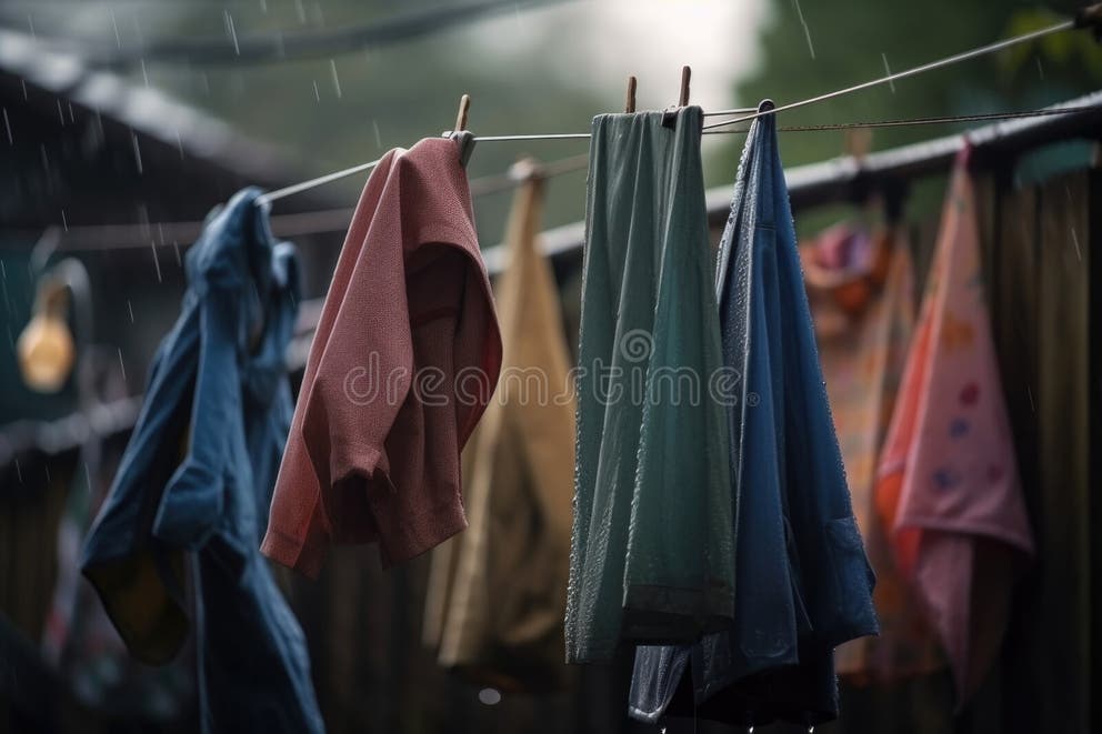Rainy Day, with Clothes Hanging Motionless on Line and Raindrops ...