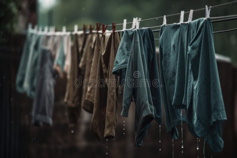 Rainy Day with Clothes on the Line, Droplets of Water Dripping from ...