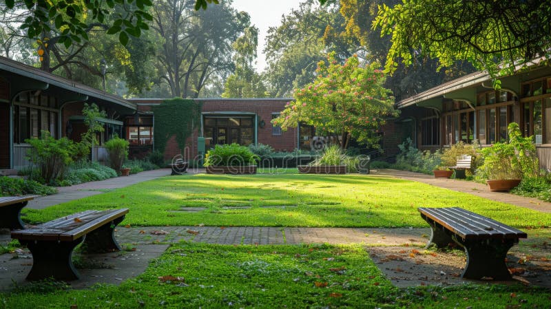 Rainy Day in a Courtyard stock image. Image of foliage - 309765627