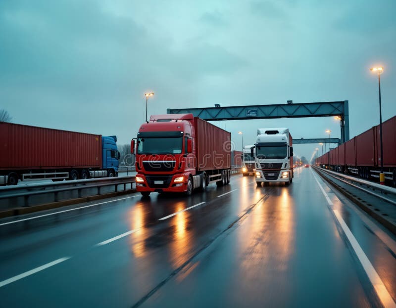 Rainy Day at Customs Checkpoint. Several Trucks with Cargo Containers ...