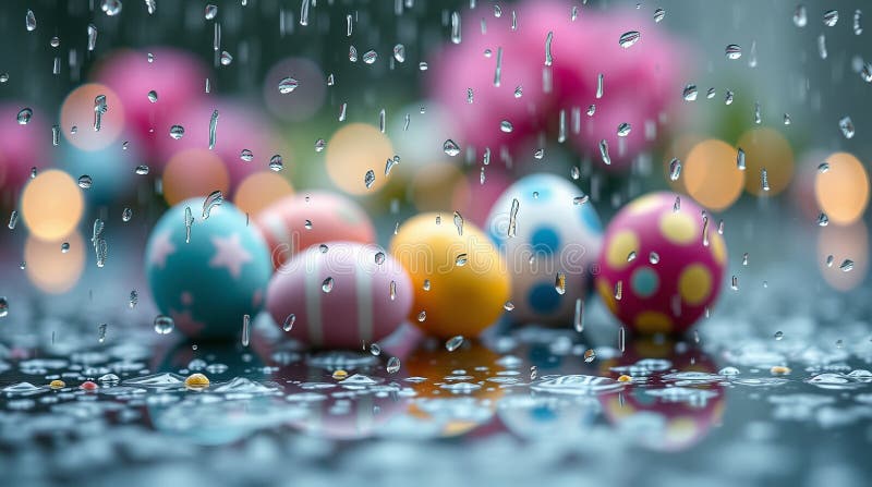 Rainy Day Easter Eggs. Colorful Decorated Eggs on a Wet Surface with ...