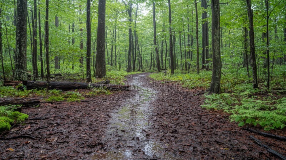 Rainy Day Forest Path, Lush Green Canopy, Muddy Trail Stock ...