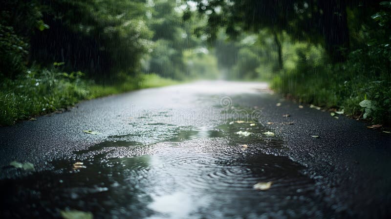 Rainy Day on Forest Path with Raindrops Creating Ripple Effect Stock ...