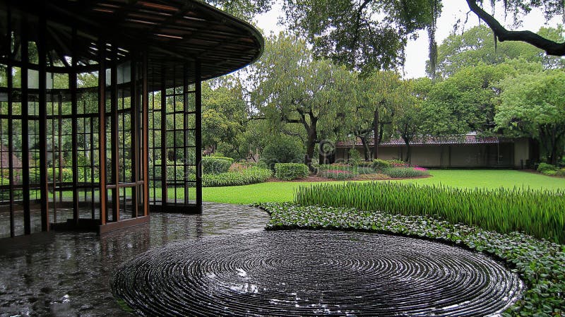 Rainy Day Garden Pavilion, Tranquil Water Feature, Lush Greenery Stock ...