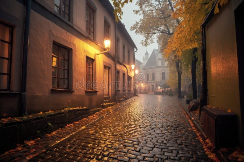 Rainy Day on a Glistening Cobblestone Path Stock Illustration ...