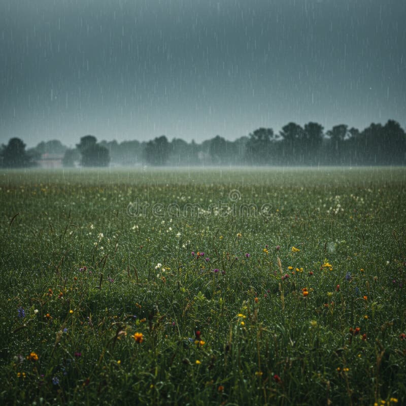 Rainy Day in a Green Field stock illustration. Illustration of green ...