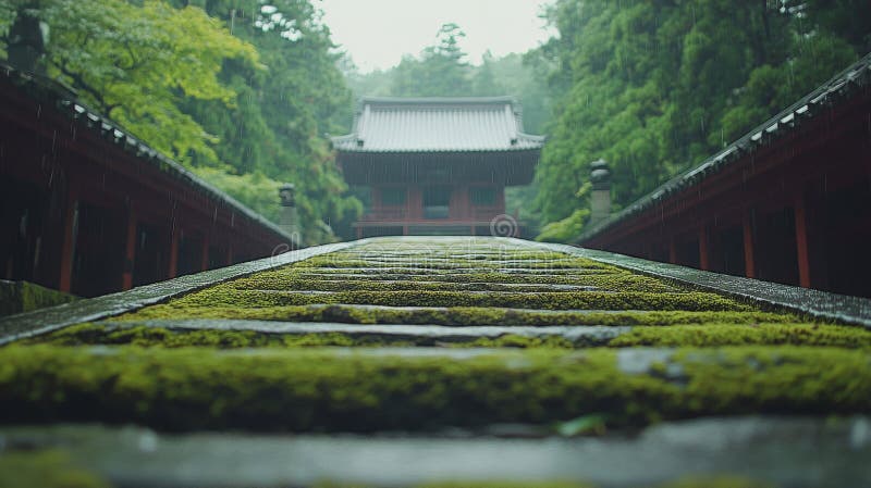 Rainy Day at a Japanese Temple: Mossy Stone Path and Red Wooden ...