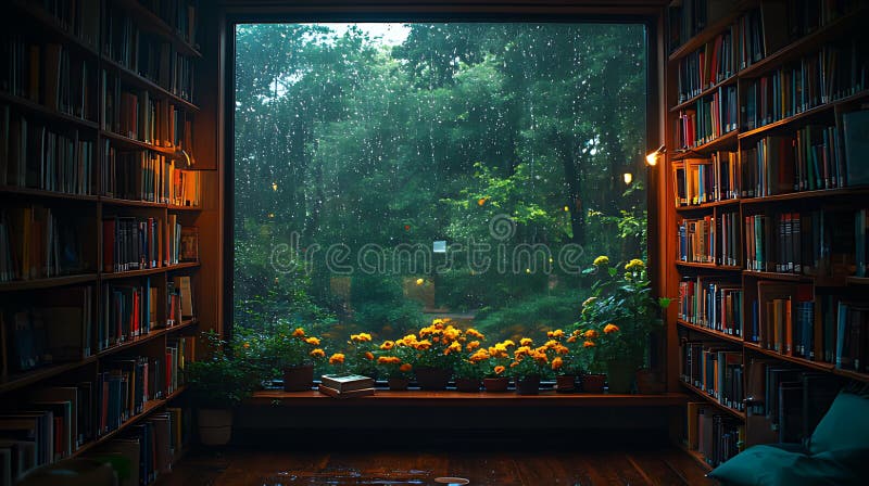 Rainy Day Library, Bookshelves, Window, Garden View, Reading Stock ...