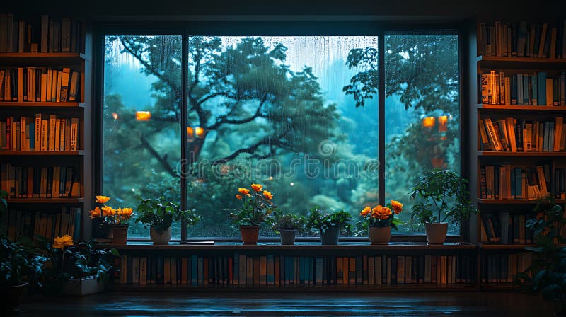 Rainy Day Library Window View, Serene Garden Stock Illustration ...