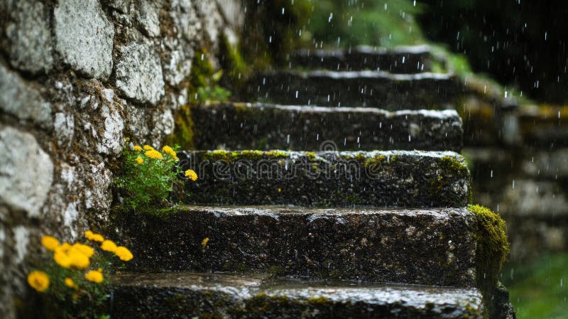 Rainy Day on Mossy Stone Steps Stock Illustration - Illustration of ...