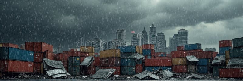 Rainy Day Over Shipping Containers and City Skyline Stock Image - Image ...