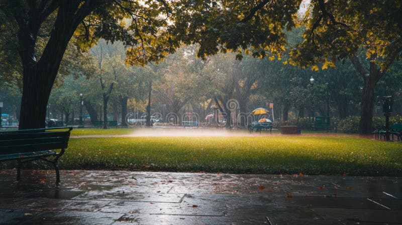Rainy Day in a Park with a Bench and Umbrellas Stock Illustration ...