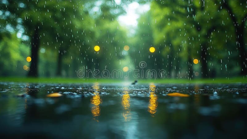 Rainy Day in the Park: Serene Reflections in a Puddle Stock ...
