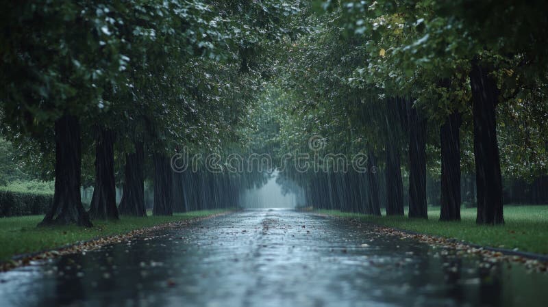 Rainy Day Pathway through a Lush Green Tree Tunnel Stock Illustration ...