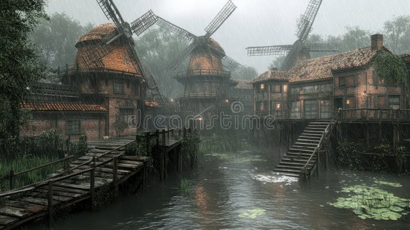Rainy Day in a Quaint Windmill Village by the Water Stock Illustration ...