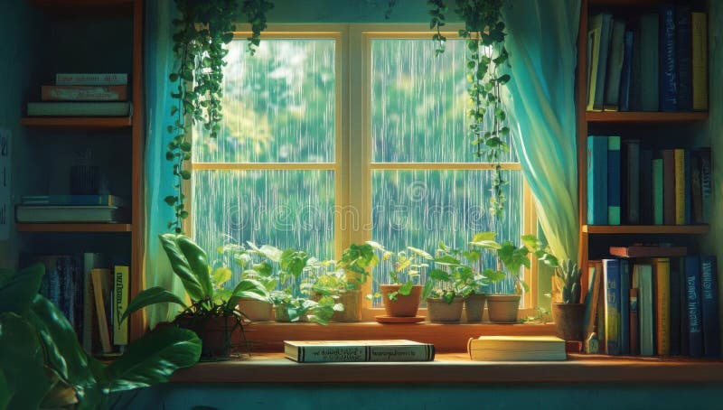 Rainy Day Reading Nook, Plants and Books on a Window Ledge, Relaxing ...