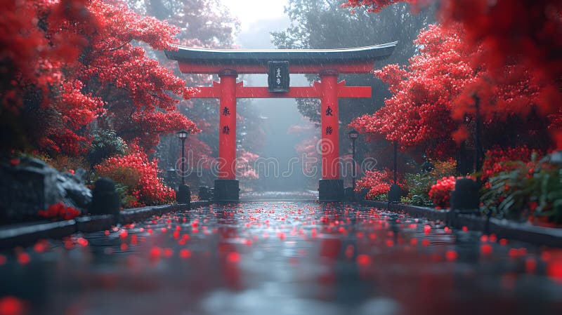 Rainy Day at the Red Gate 3D Illustration Stock Illustration ...
